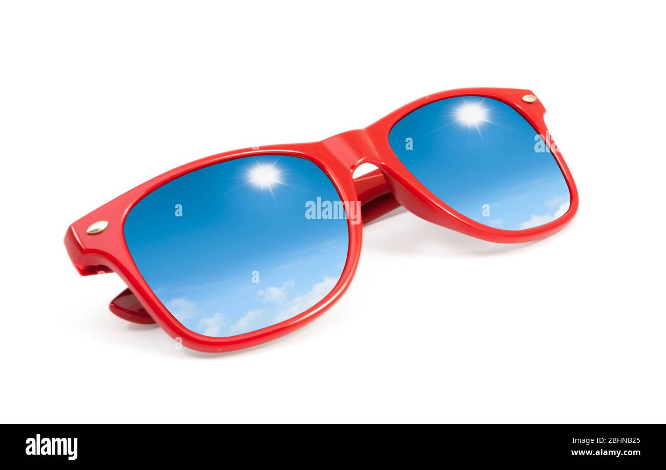 red sunglasses with sky and clouds in reflection isolated Stock Photo ...