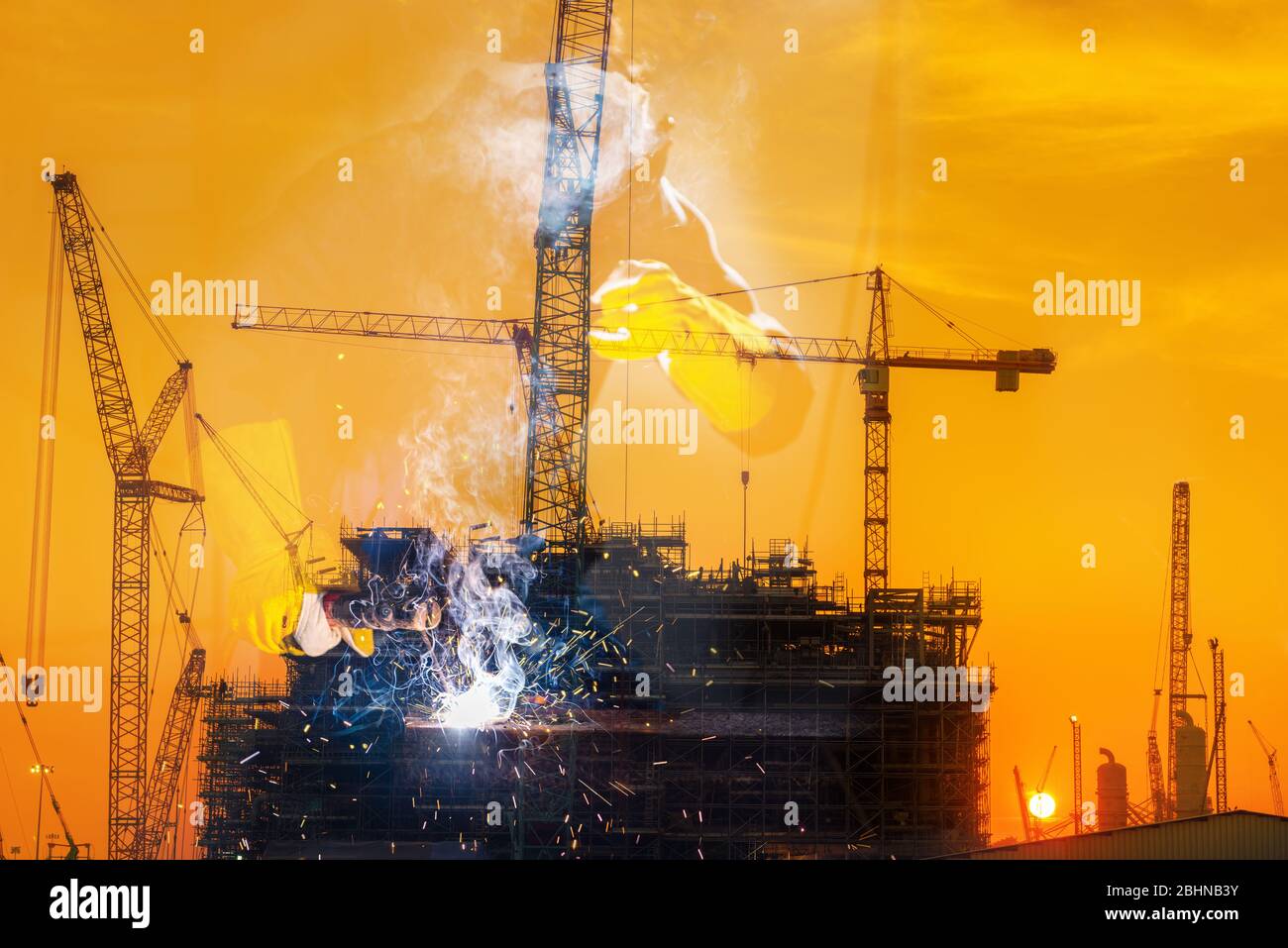 Double Exposure of Welder is Welding Pipeline Fabrication Assembly With ...
