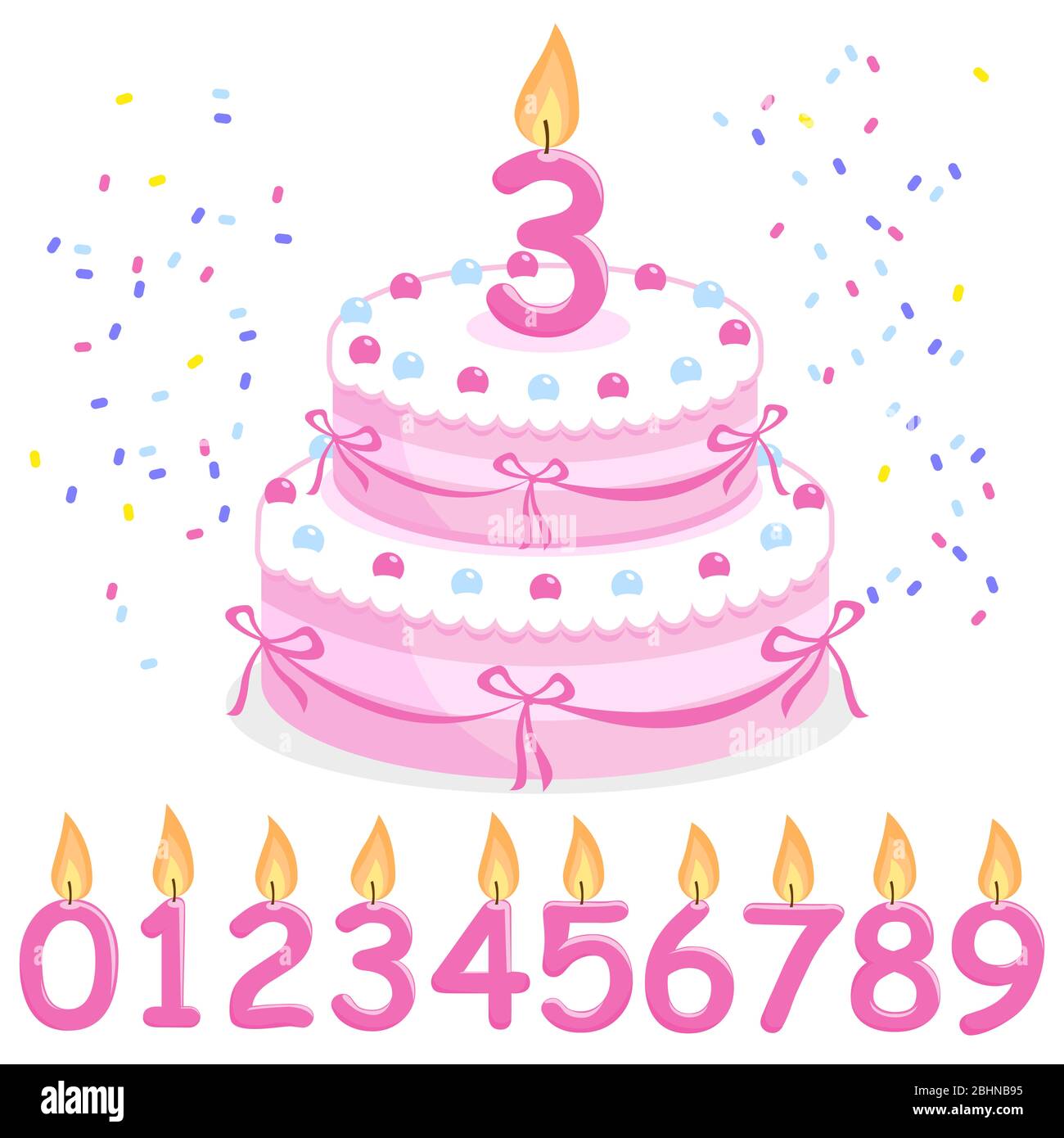 Pink birthday cake, confetti, ribbons and lit number candles Stock ...