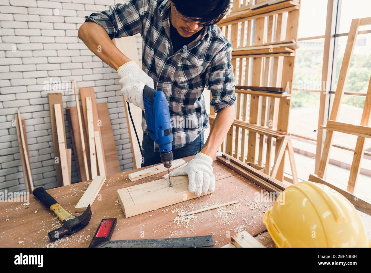 Carpenter Man is Working Timber Woodworking in Carpentry Shop ...