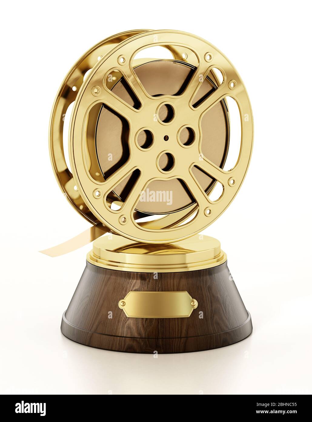 Golden film reel on wooden pedestal. Cinema award. 3D illustration ...