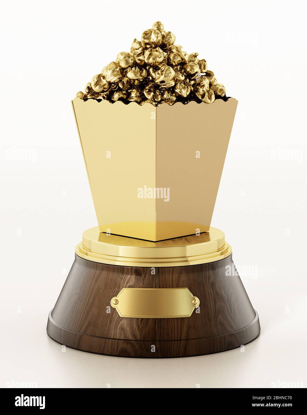 Golden popcorn on wooden pedestal. Cinema award. 3D illustration Stock ...