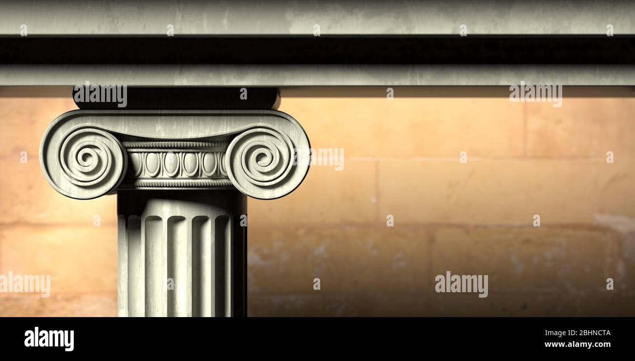 Ancient greek temple, ionic style marble pillar and roof detail, blur ...