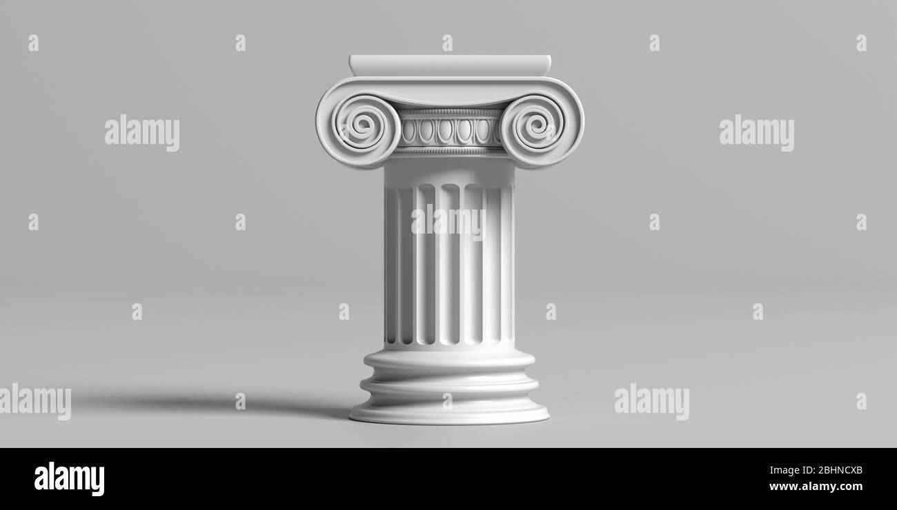 Pillar column ancient greek white color stone marble, ionic style pedestal, against grey ...