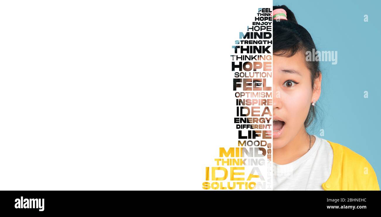 Portrait of happy and inspired girl with lettering hope, idea, solution ...