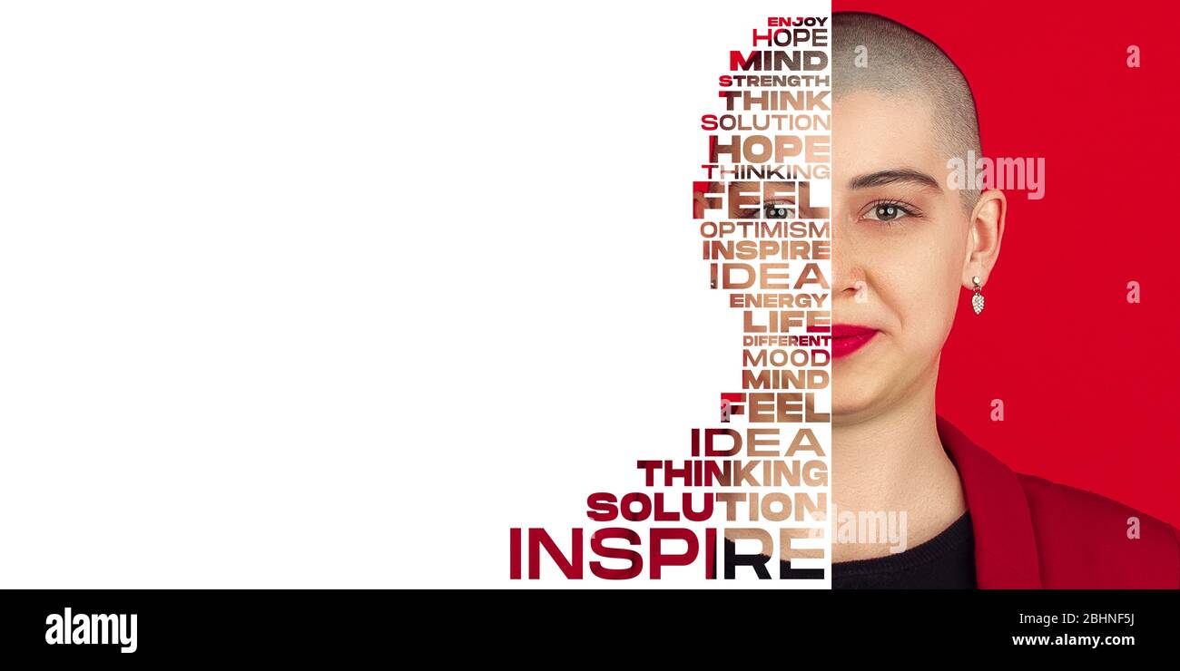 Portrait of happy and inspired woman with lettering hope, idea ...