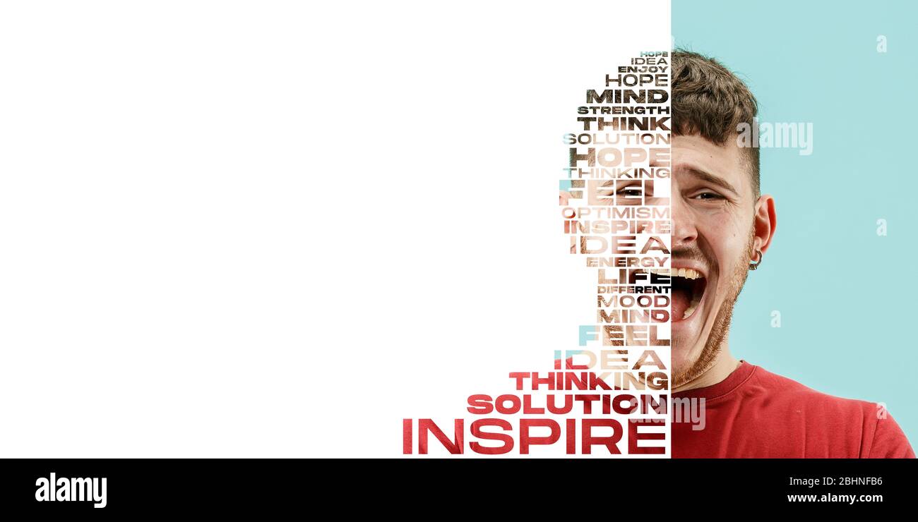 Portrait of happy and inspired man with lettering hope, idea, solution ...