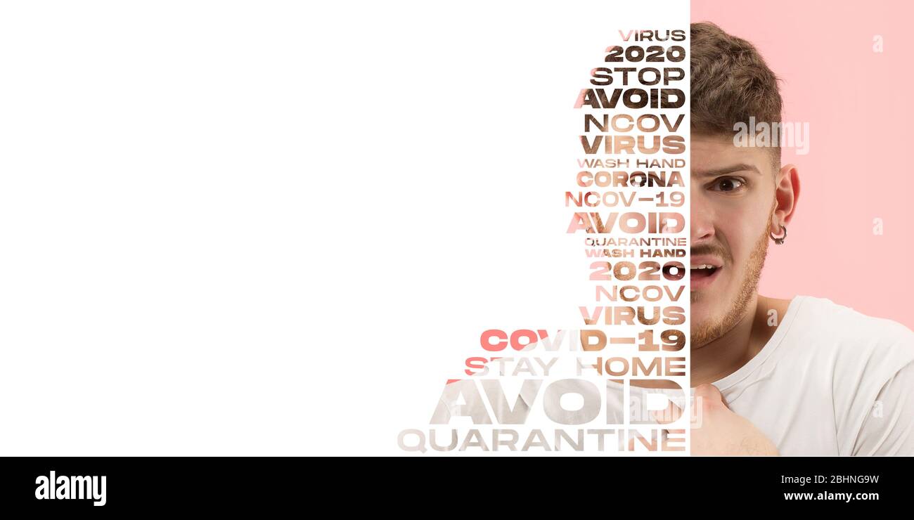 Portrait of scared and stressed man with lettering avoid, wash hands ...