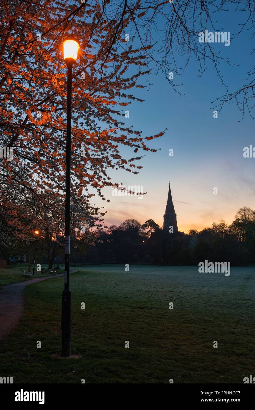 St Marys Church at dawn in Adderbury, Oxfordshire, England. Silhouette ...