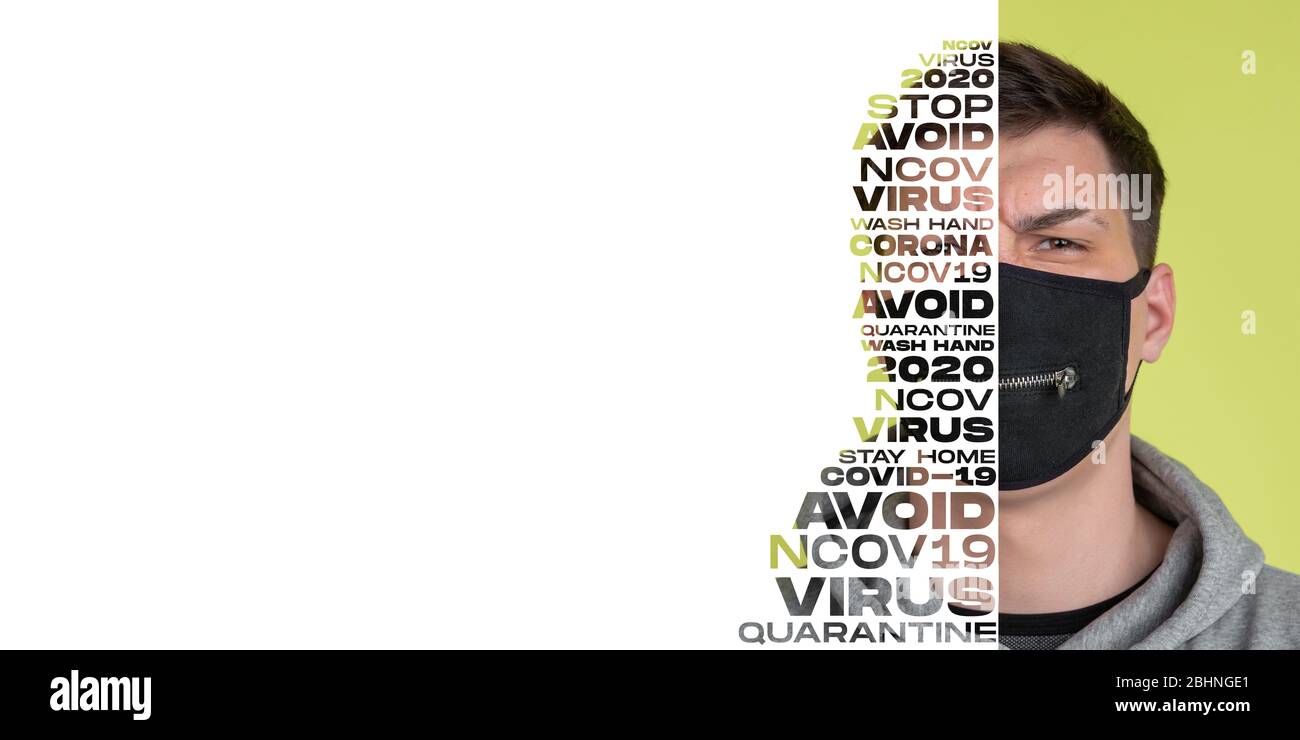 Portrait of scared and stressed man with lettering avoid, wash hands ...