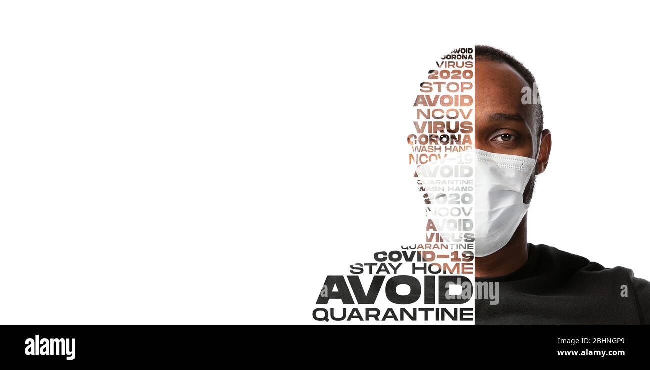 Portrait of scared and stressed man with lettering avoid, wash hands ...