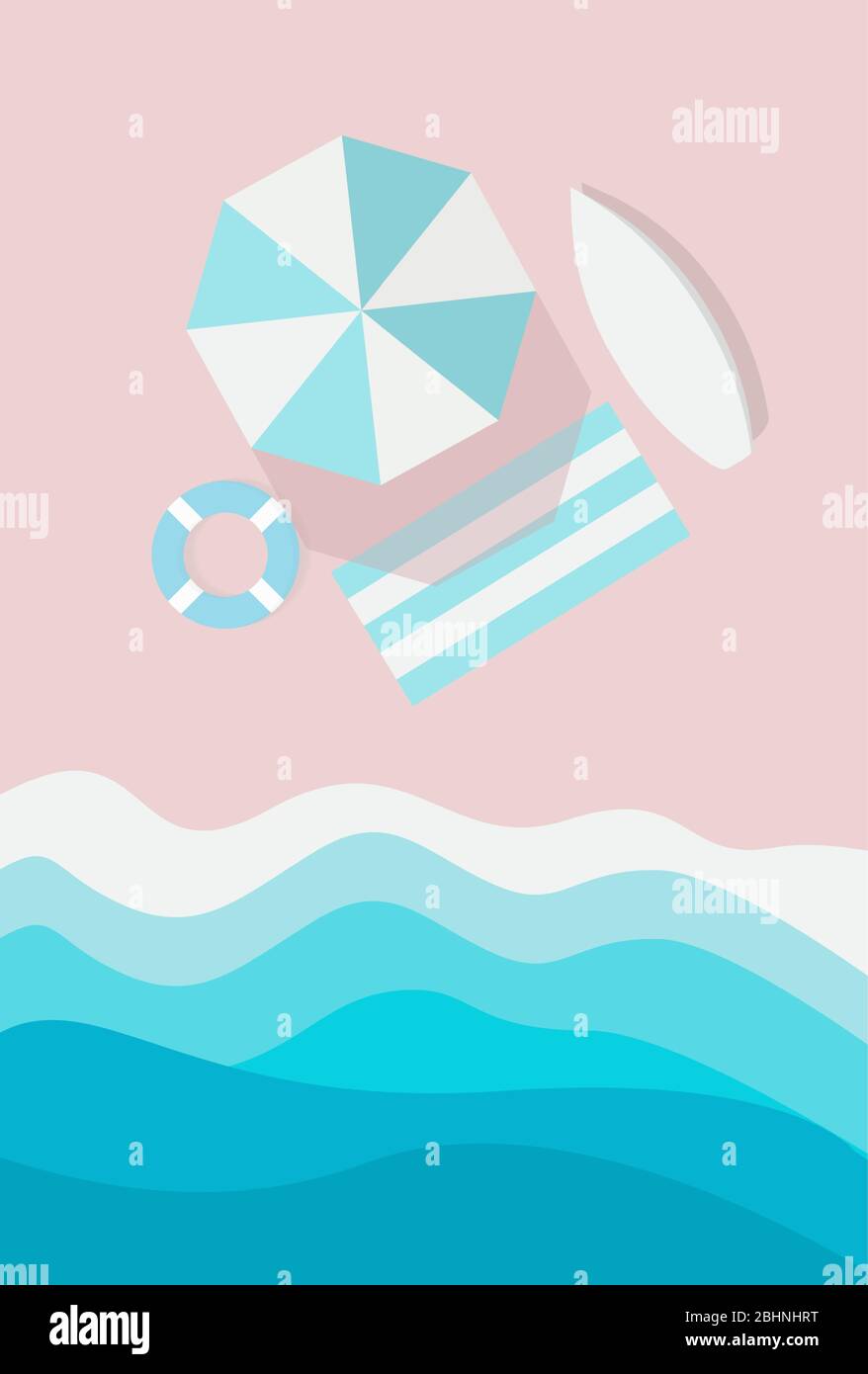 Beach top view vertical banner. Beach umbrella, deck chair, surf and ...