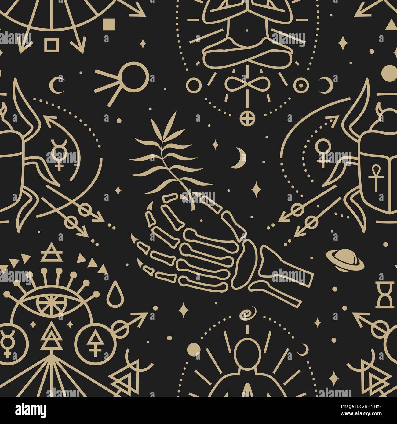 Gold esoteric seamless pattern, background. Vector illustration. Thin ...