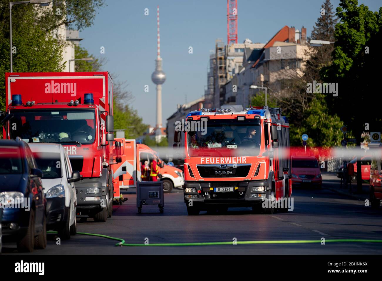 Berlin, Germany. 27th Apr, 2020. During a fire-fighting operation, fire ...