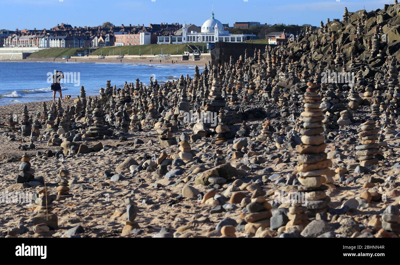 Pebble stacks on the beach at whitley bay hi-res stock photography and ...