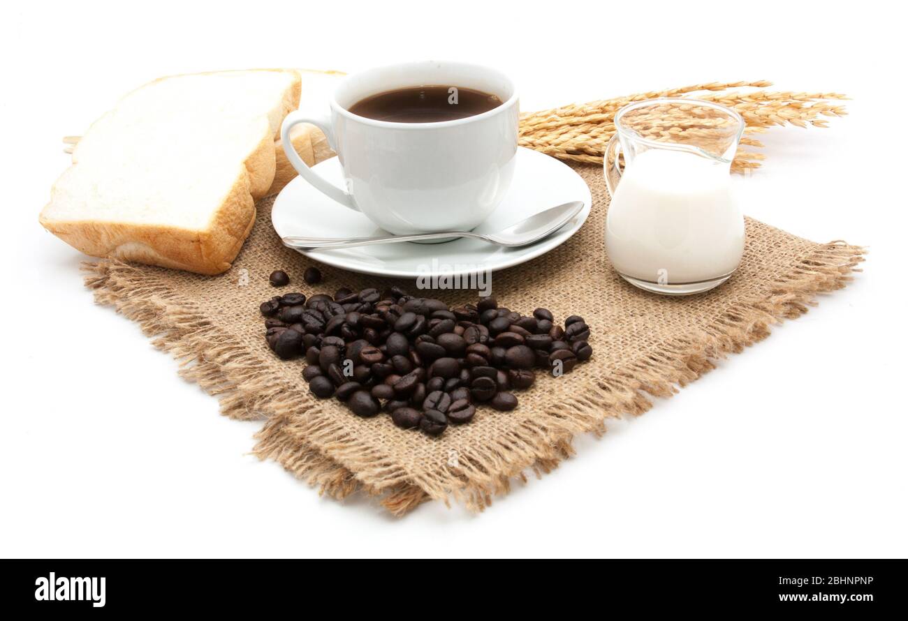 Beautiful breakfast with coffee and bread isolated Stock Photo - Alamy