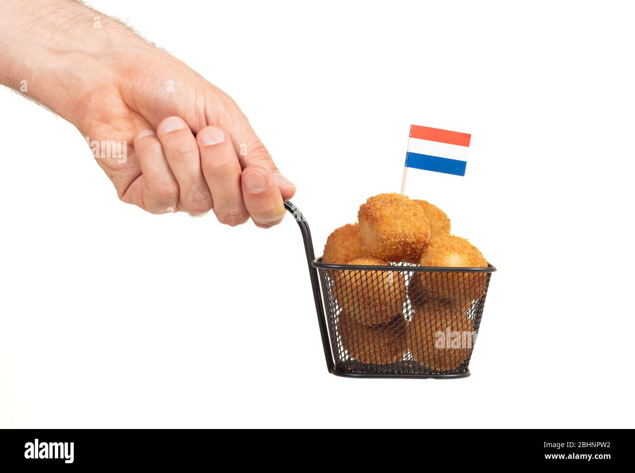 Basket of dutch traditional snack bitterbal with a dutch flag, isolated ...