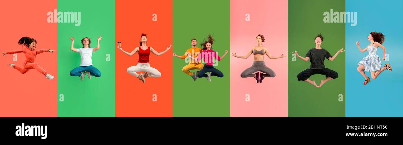 Young emotional people jumping high, look happy and calm, balanced on ...