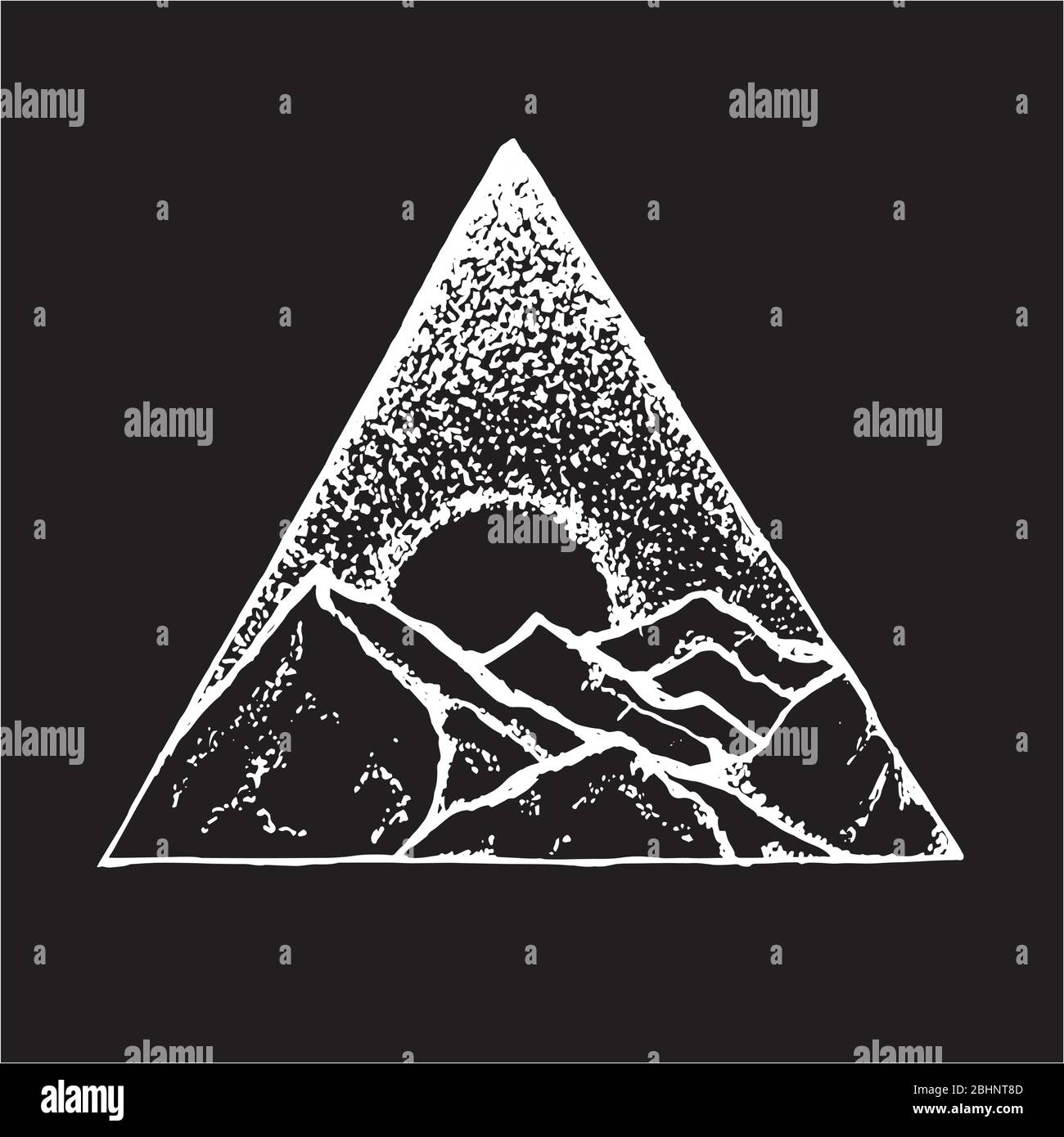 Illustration of mountains, moon and starry sky inscribed in a triangle ...