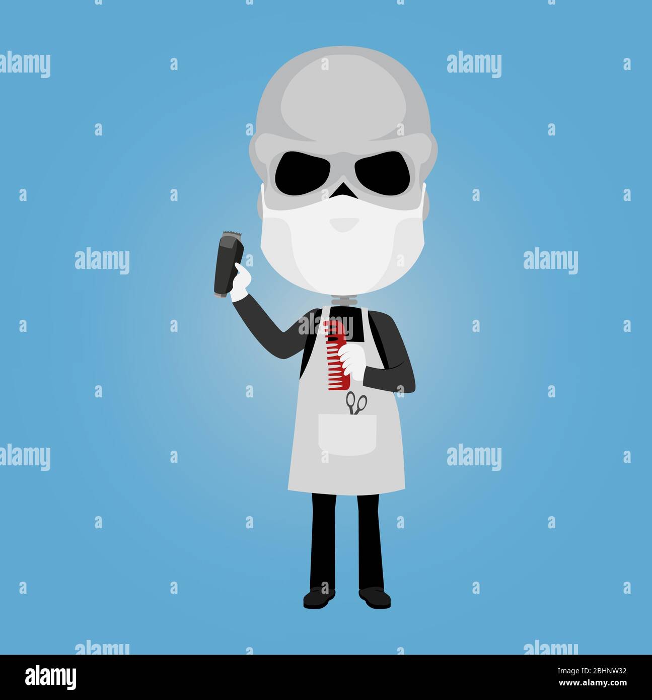 Skeleton barber hairdresser with virus mask white gloves electric razor ...