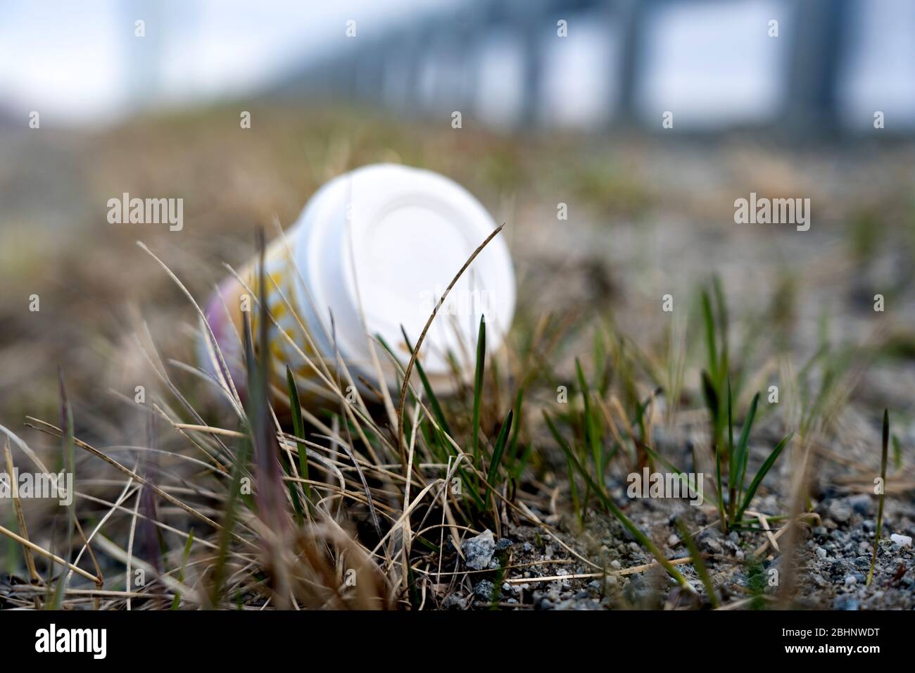 Plastic waste on the side of the road in the grass. Used coffee cup ...