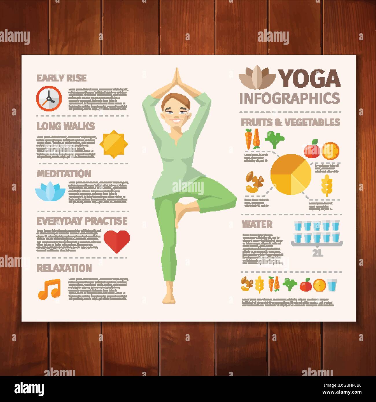 Healthy Lifestyle infographic on wood background with woman doing yoga ...