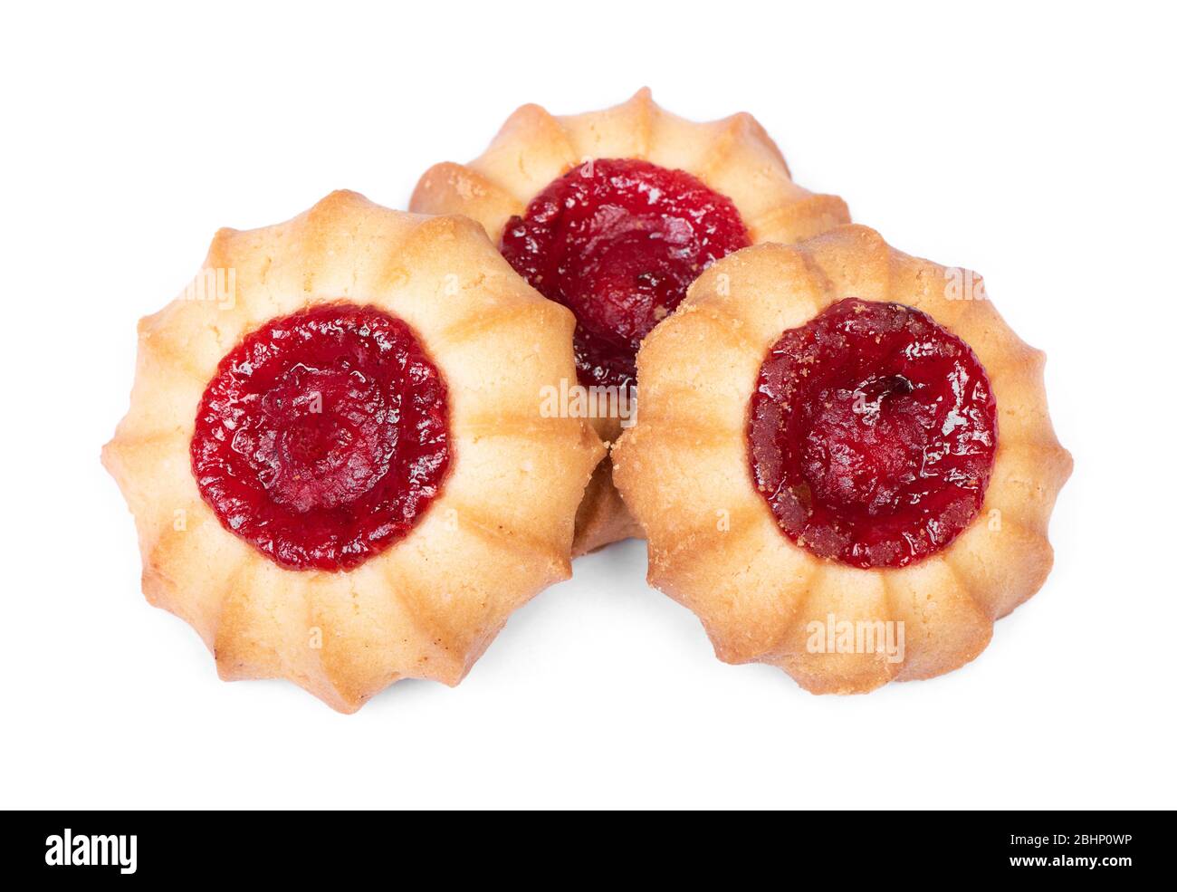 Group of shortbread cookies with a drop of jam isolated on white ...