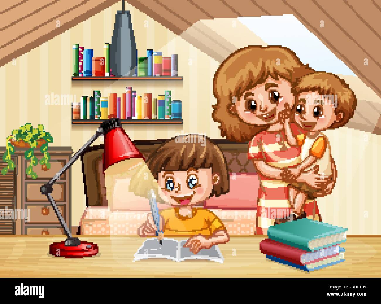Scene with family staying home and girl doing homework illustration ...