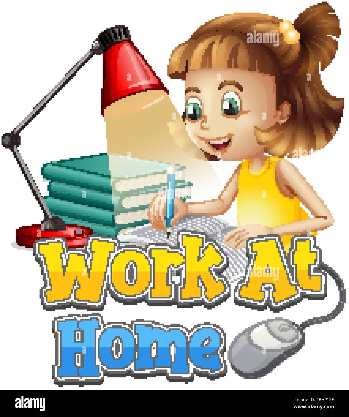 Font design for work from home with girl doing homework illustration ...