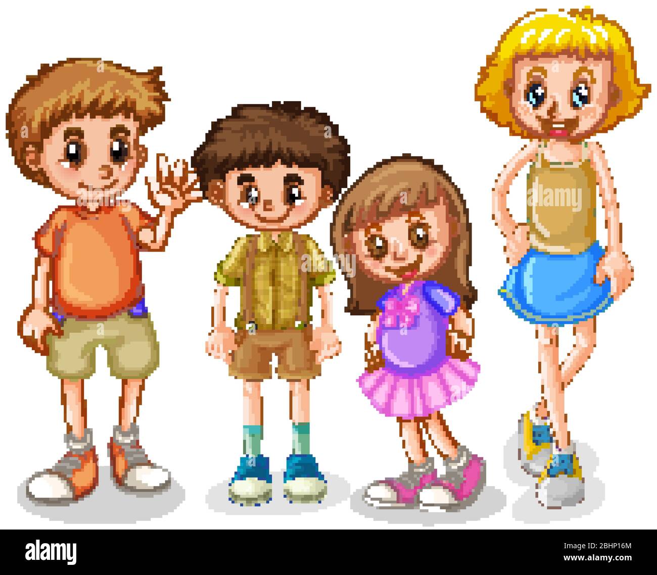 Four happy kids standing on white background illustration Stock Vector ...