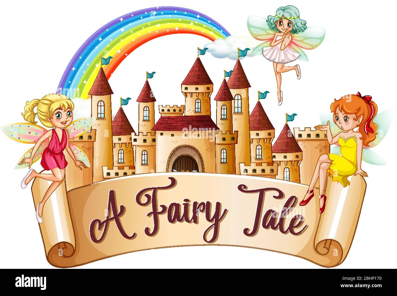 Font design for word a fairy tale with fairies flying around the castle ...
