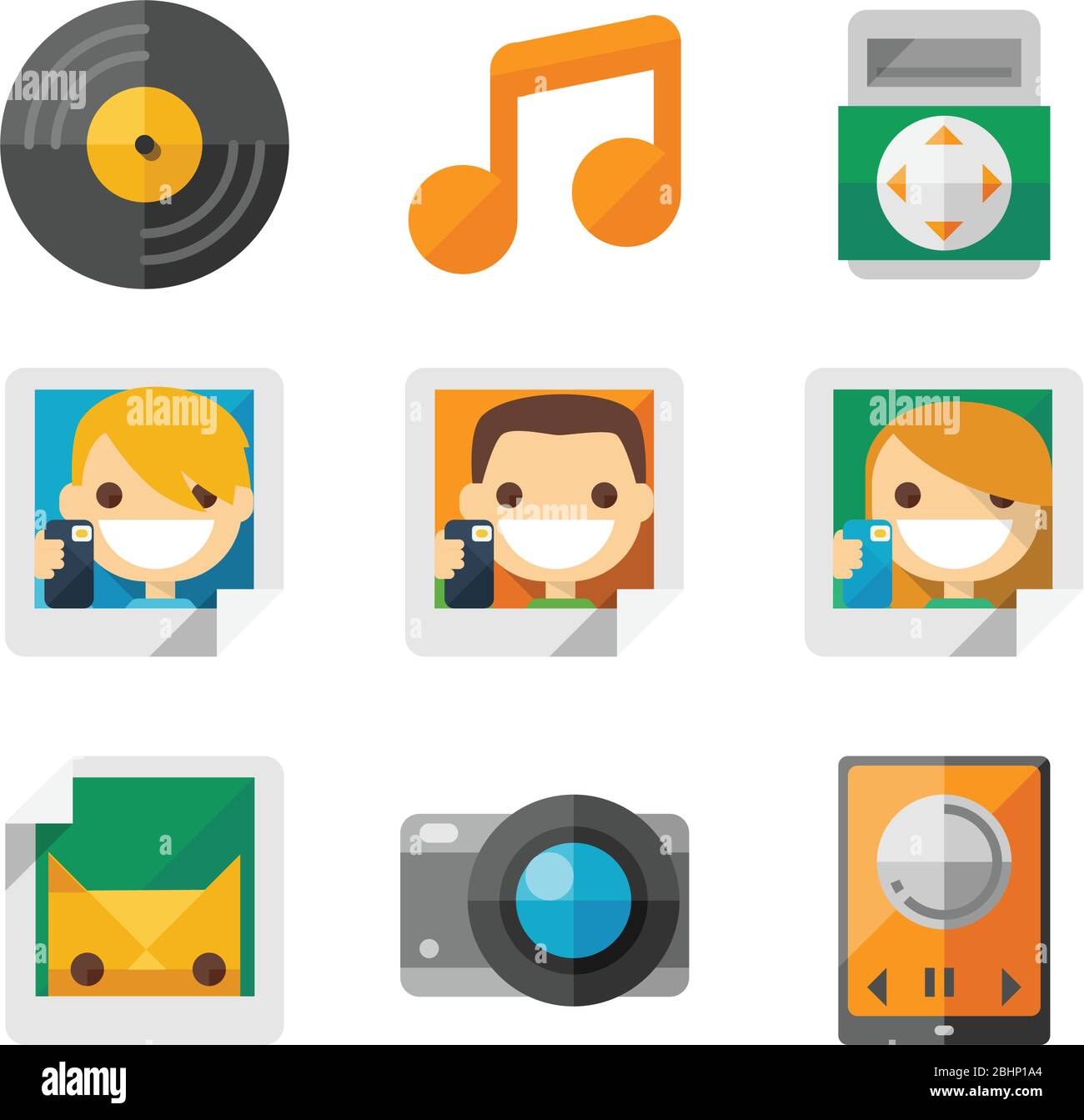 Vector flat media and social icons with people and music things Stock ...
