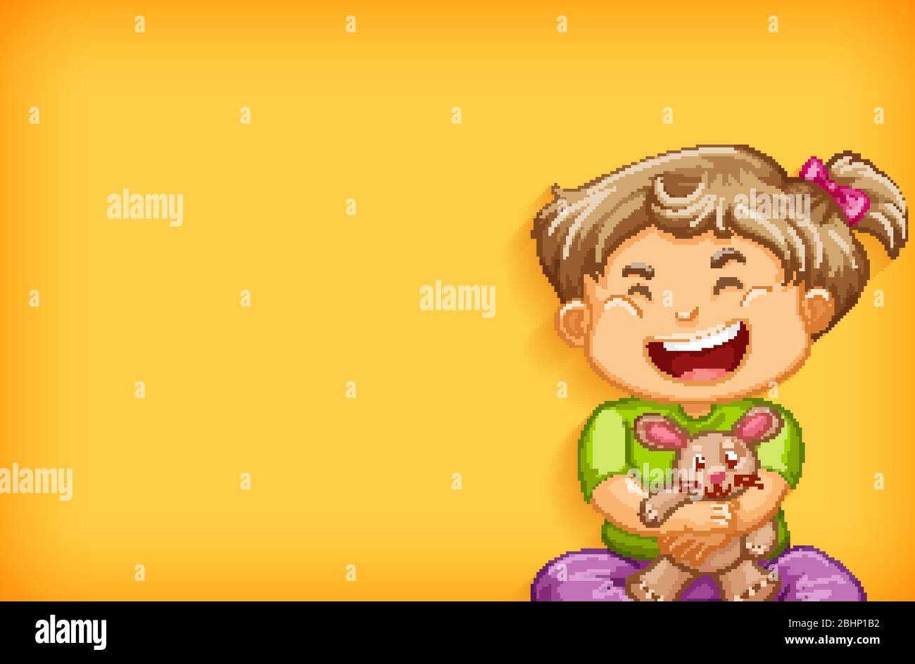 Background template design with happy girl and rabbit doll illustration ...