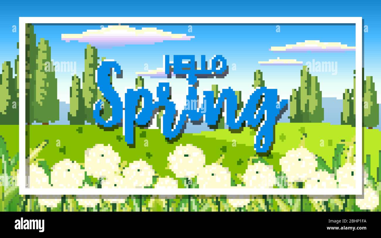 Nature scene background with word hello spring in the garden ...