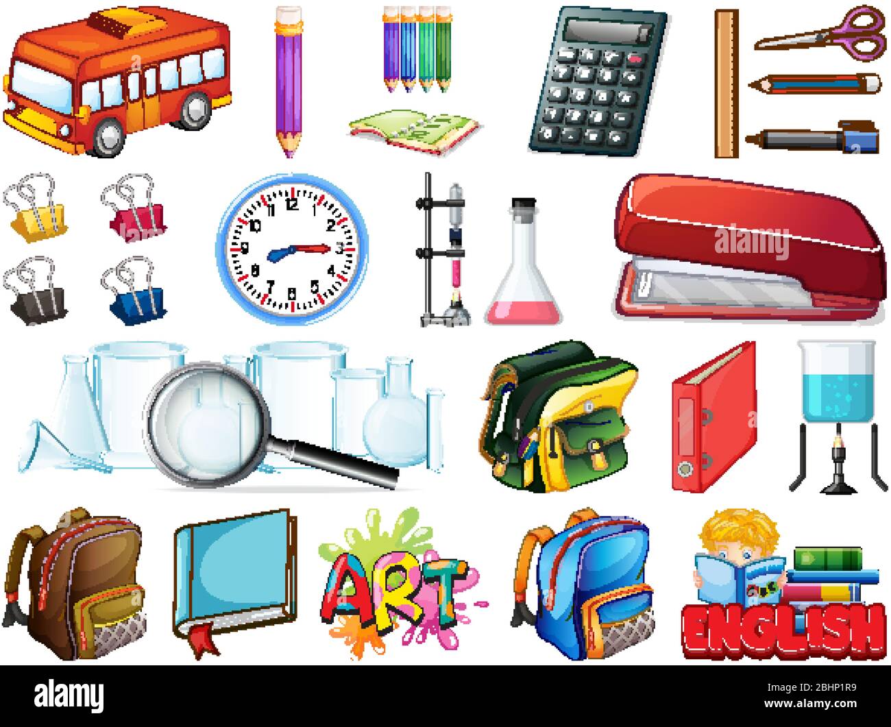 Large set of school items on white background illustration Stock Vector ...