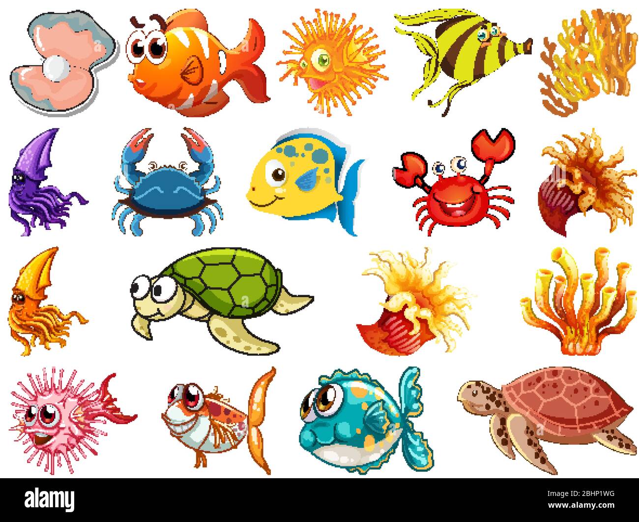 Large set of sea creatures on white background illustration Stock ...