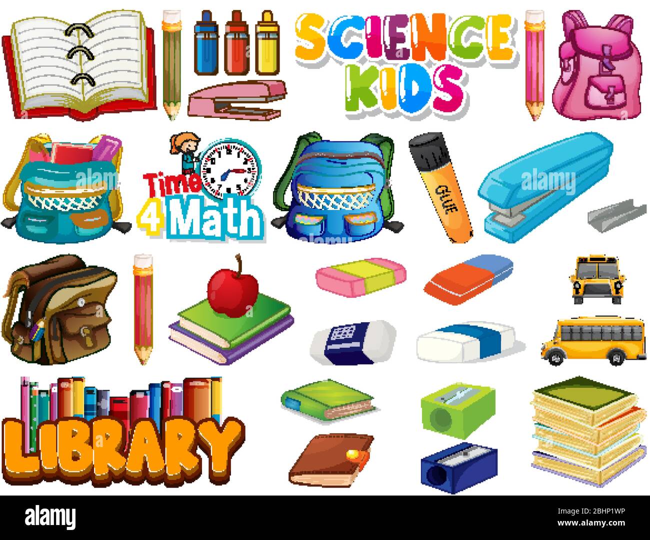 Large set of school items on white background illustration Stock Vector ...