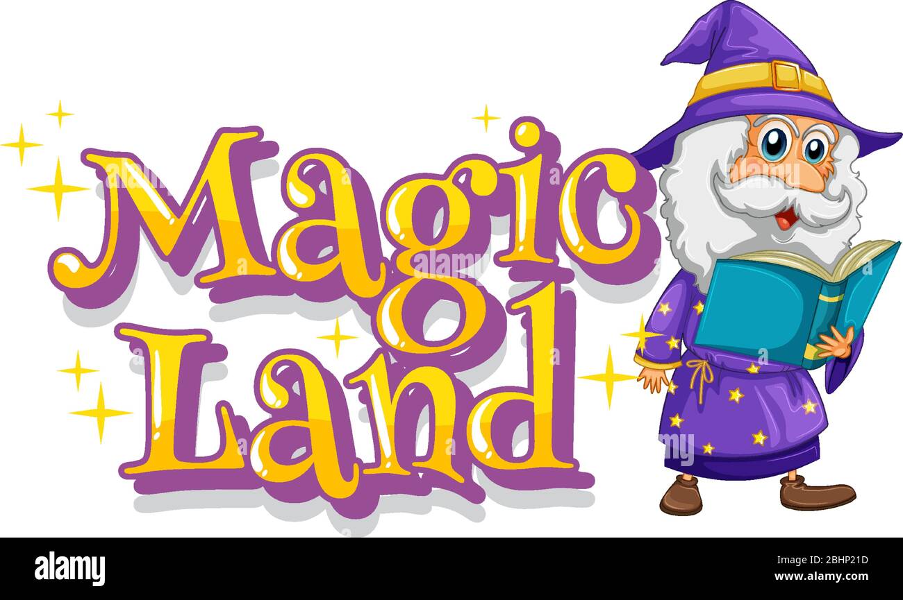 Font design for word magic land with wizard reading book illustration ...