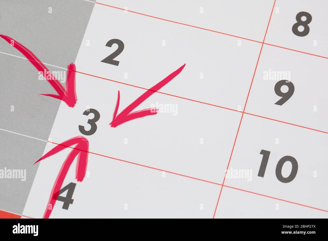 3rd Date of the Month marked in red marker pen on a simple planner ...