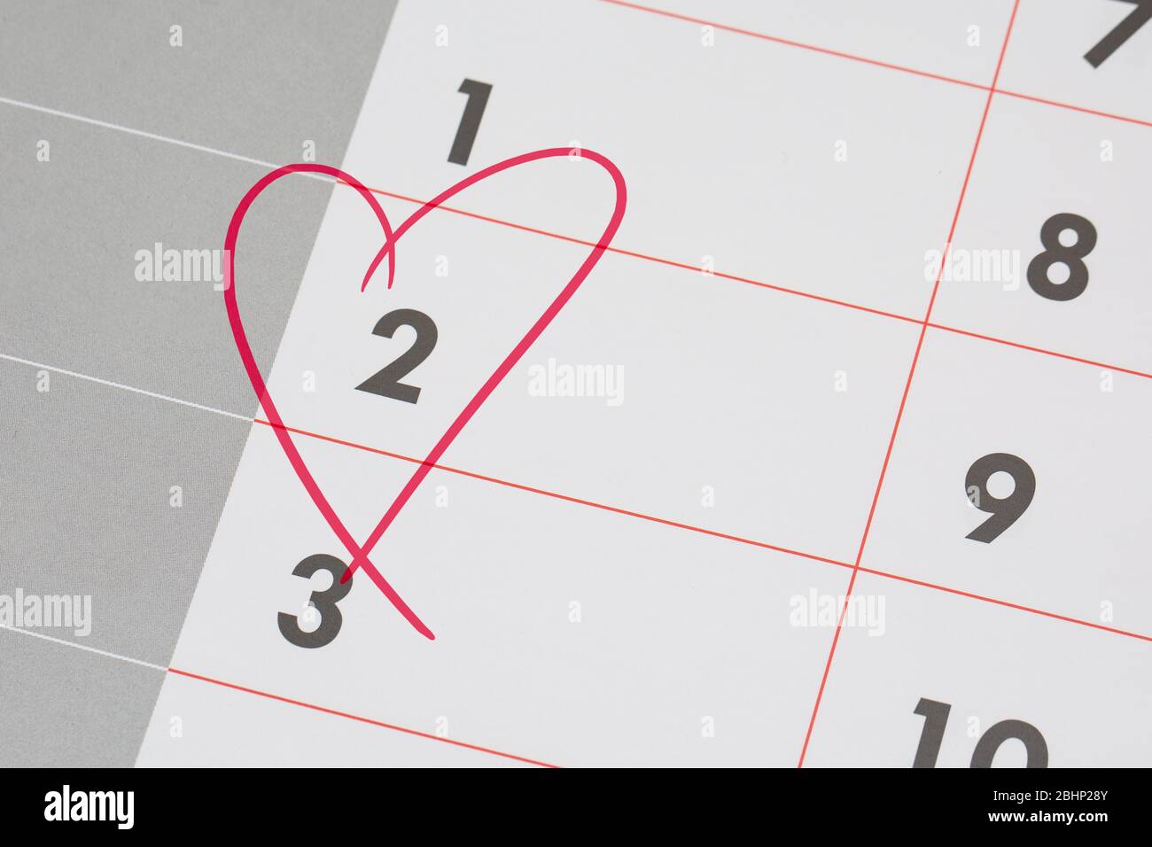 2nd Date of the Month marked in red marker pen on a simple planner ...