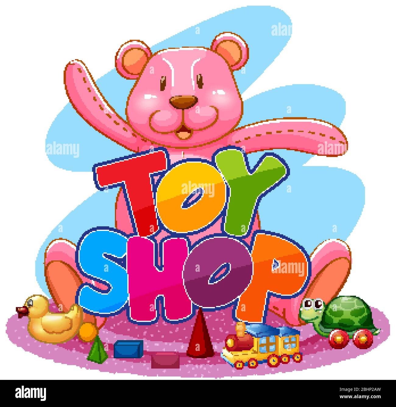 Font design for word toy shop with big teddy bear illustration Stock ...