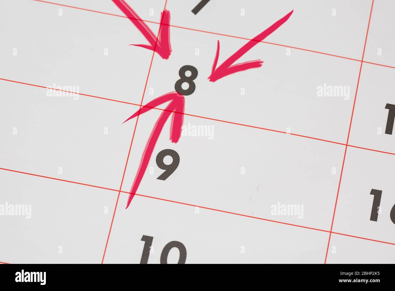 8th Date of the Month marked in red marker pen on a simple planner ...