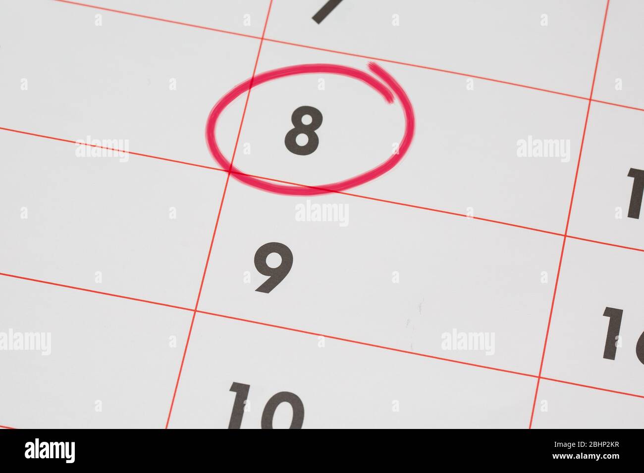 8th Date of the Month marked in red marker pen on a simple planner ...