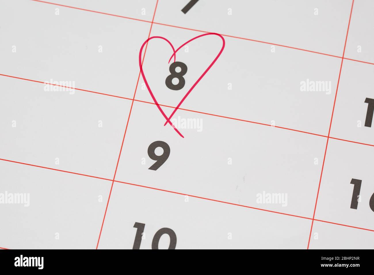 8th Date of the Month marked in red marker pen on a simple planner ...
