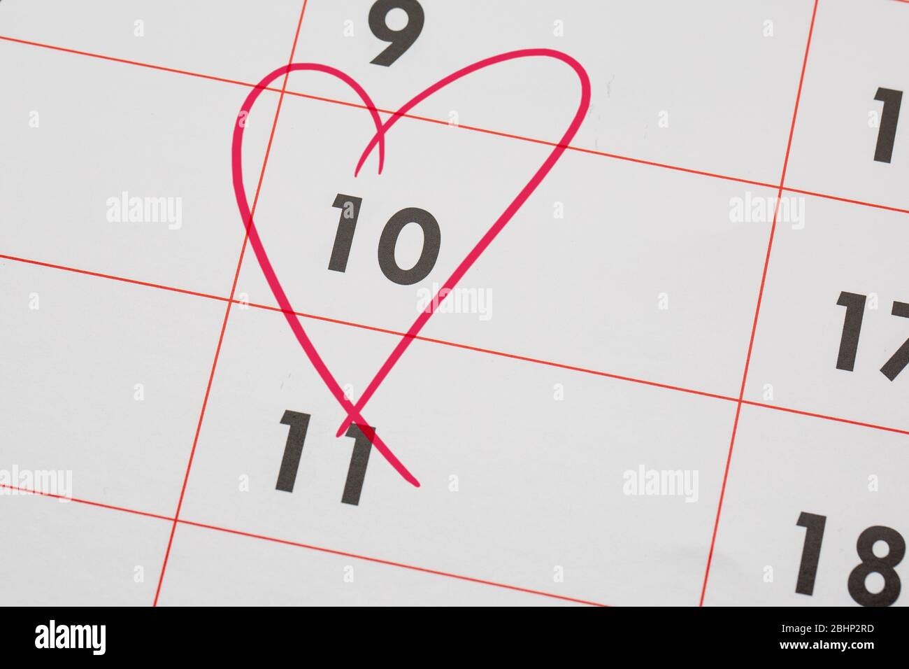 10th Date of the Month marked in red marker pen on a simple planner ...