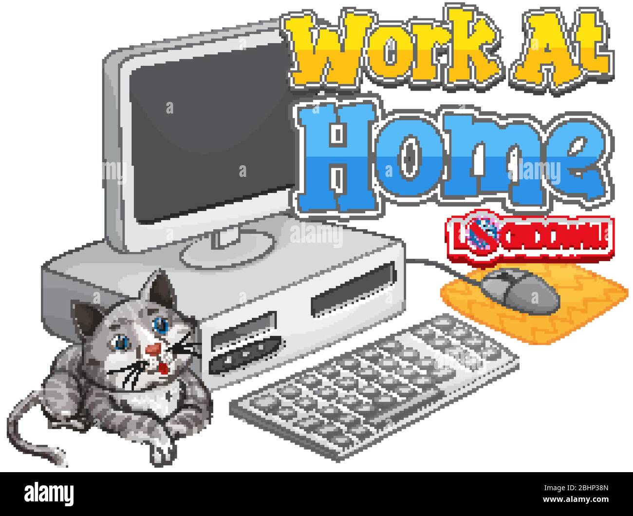 Font design for work from home with cat and computer illustration Stock ...