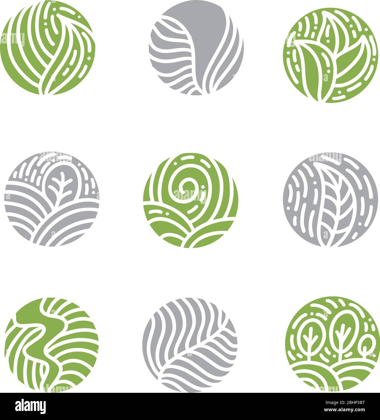 Set of tropical plant green leaves logo. Round bio emblem in a circle ...