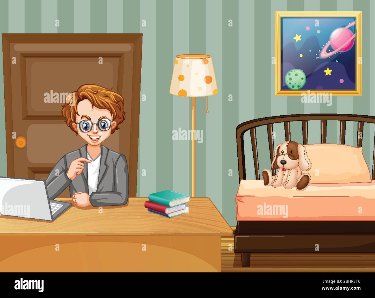 Scene with man working on computer at home illustration Stock Vector ...