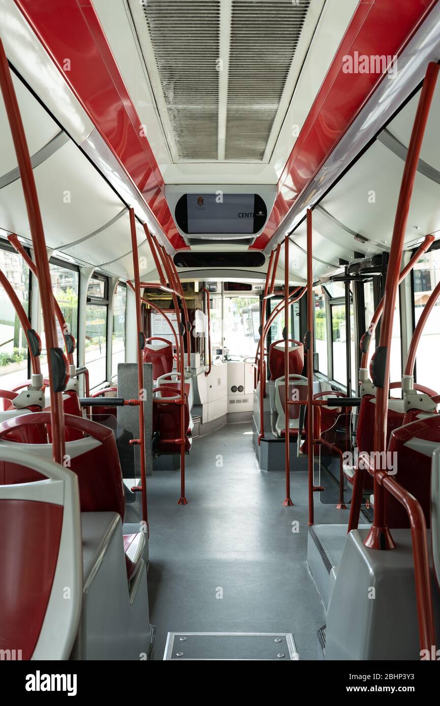 GRANADA, SPAIN, 23RD APRIL, 2020 Interior of a modern empty city bus ...