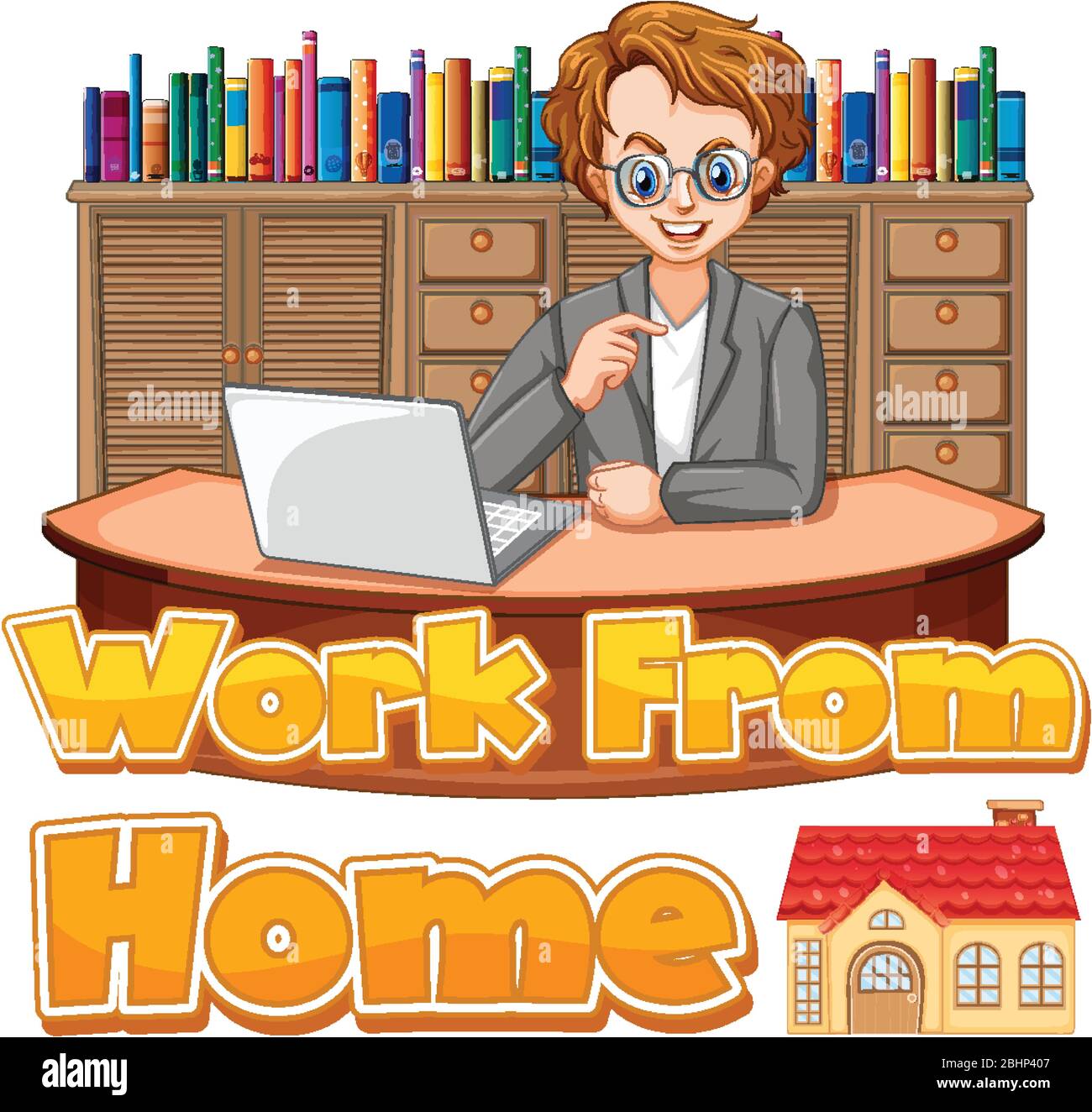 Font design for work from home with man working on computer ...